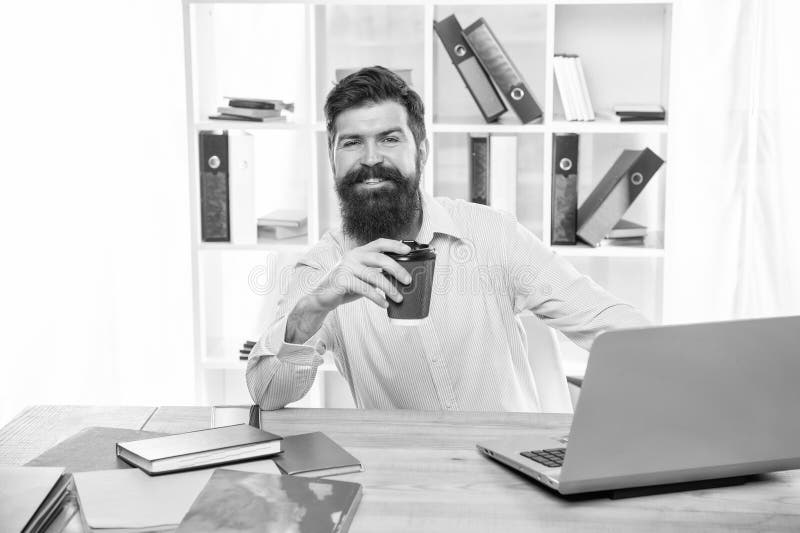 Happy Businessman Drinking Takeaway Coffee Sitting at Office Desk ...
