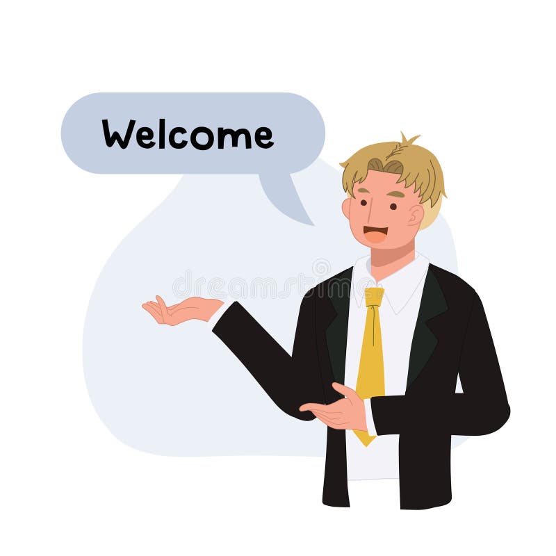 Happy Businessman Gesturing Welcome Sign. Vector Illustration Stock ...