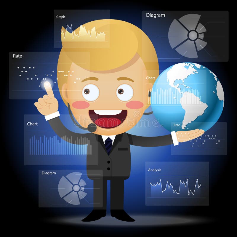 Happy Businessman with Globe Working with Data Processing Stock Vector ... Happy Businessman with Globe Working with Data Processing Stock Vector ...