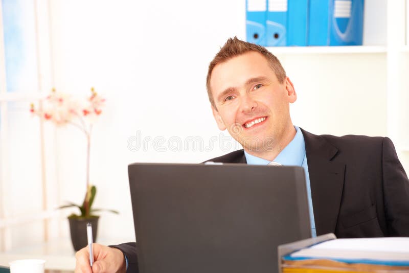 Happy Businessman in Office Stock Photo - Image of corporate, single ...