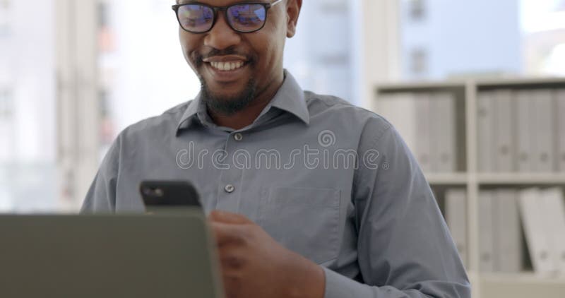 Happy Businessman Phone And Typing For Communication Social Media Or Networking At Office