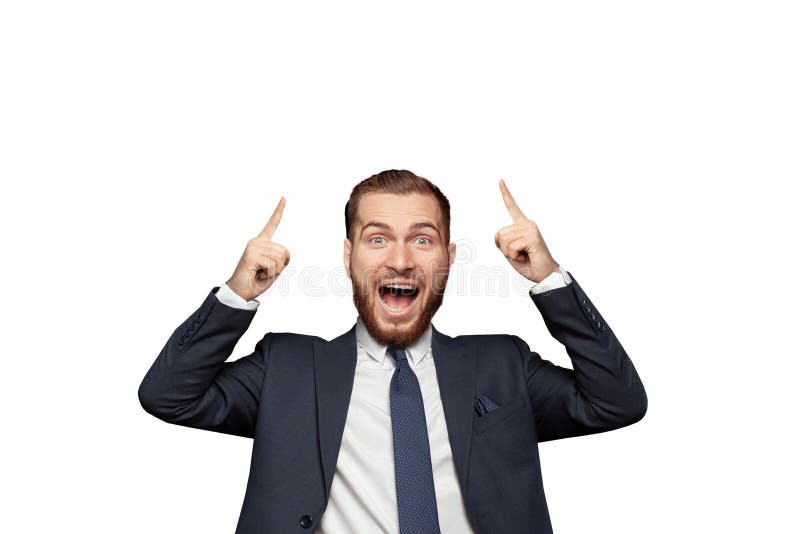 Happy Businessman Pointing Above His Head Isolated White Stock Photos ...