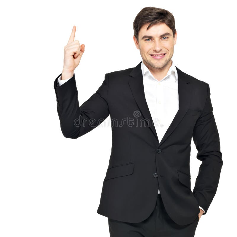 Happy Businessman Points His Finger Up Stock Image - Image of front ...