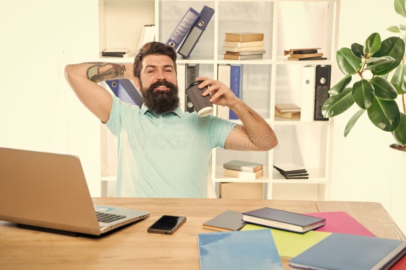 Happy Businessman Relaxing during Coffee Break in Office, Relaxation ...