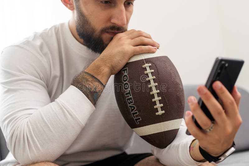 Happy Businessman with Rugby Ball and Smartphone Stock Image - Image of ...