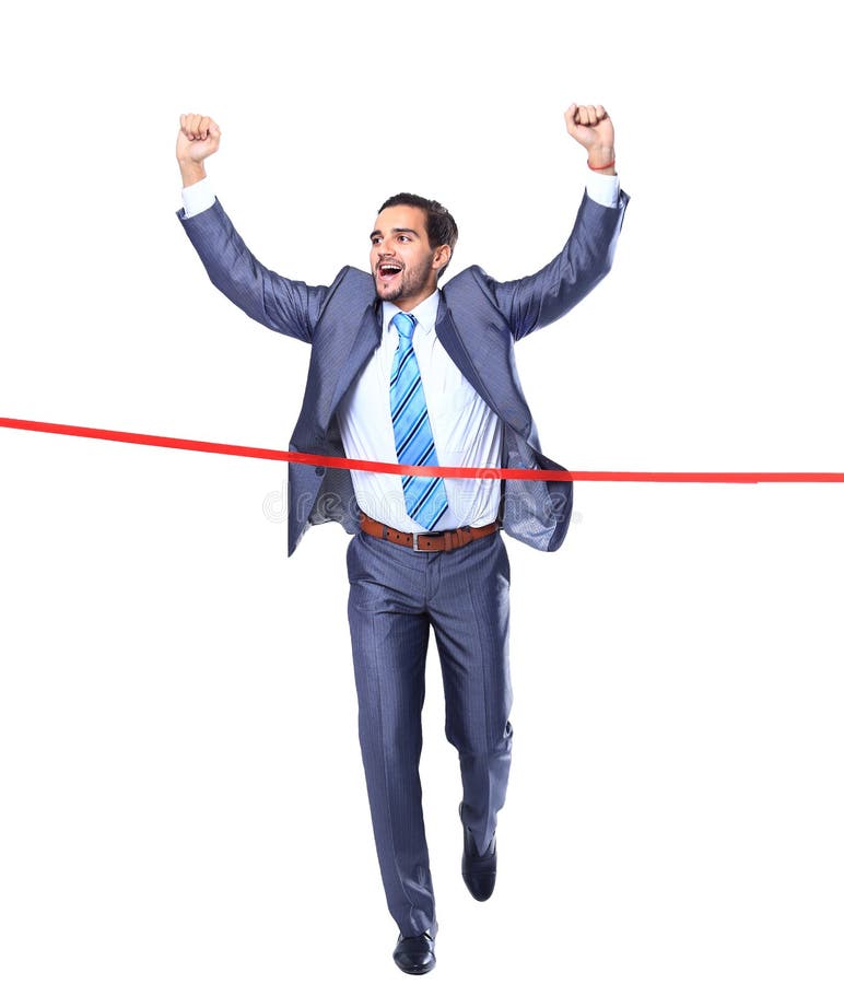 Happy Businessman Running through Finishing Line Stock Image - Image of ...