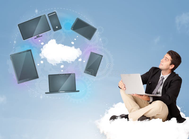 Happy Businessman Sitting on Cloud Enjoying Cloud Network Service Stock ...