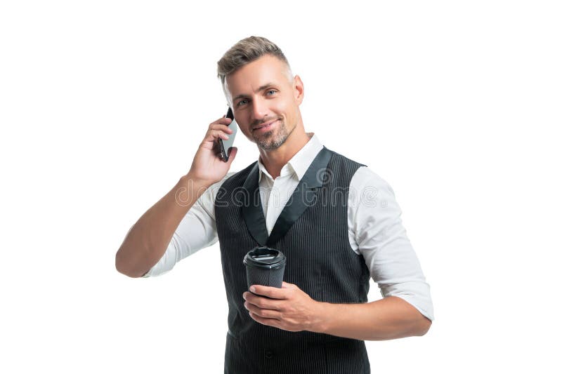 Happy Businessman Talking on Mobile Phone during Coffee Break Isolated ...