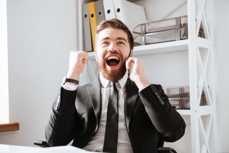 Happy Businessman Talking by Phone and Make Winner Gesture. Stock Image ...