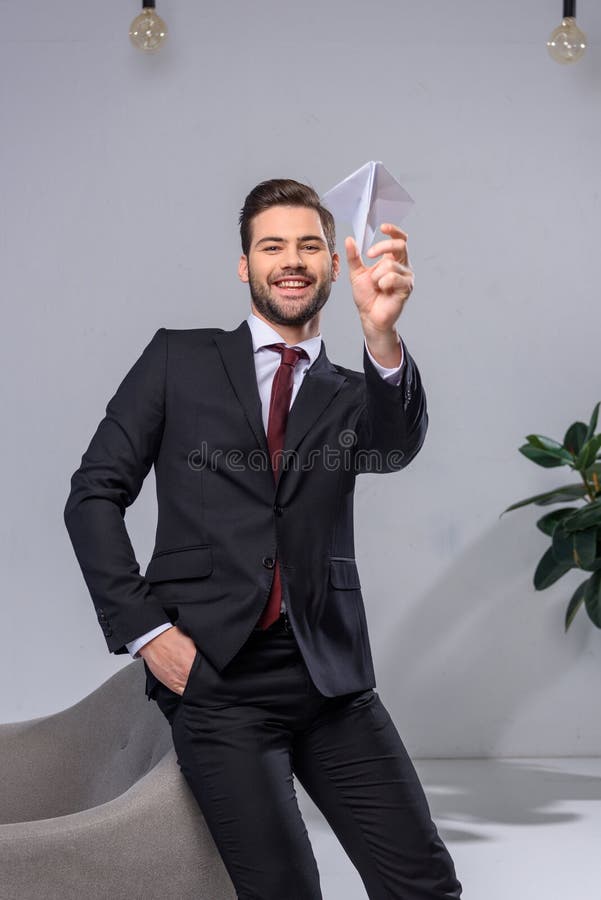 Happy Businessman Throwing Paper Plane Stock Image - Image of happiness ...