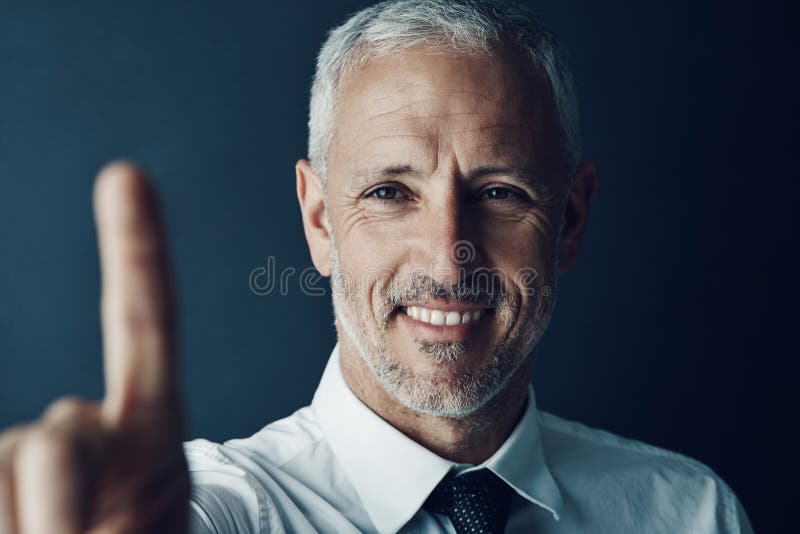 Happy, Businessman and Touch with Finger for Interaction, Engagement or ...