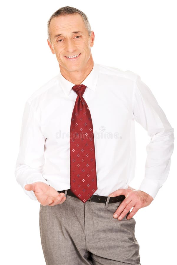Happy Businessman with Welcome Hand Gesture Stock Image - Image of ...