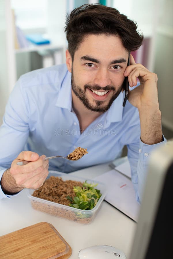 Happy Businessman Working at Computer in Office Stock Image - Image of ...