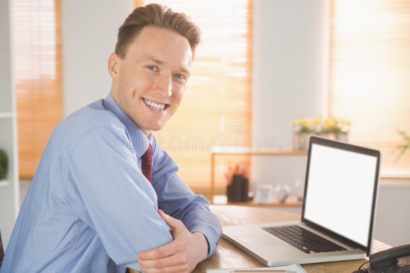 Happy Businessman Working with Laptop Stock Image - Image of wireless ...
