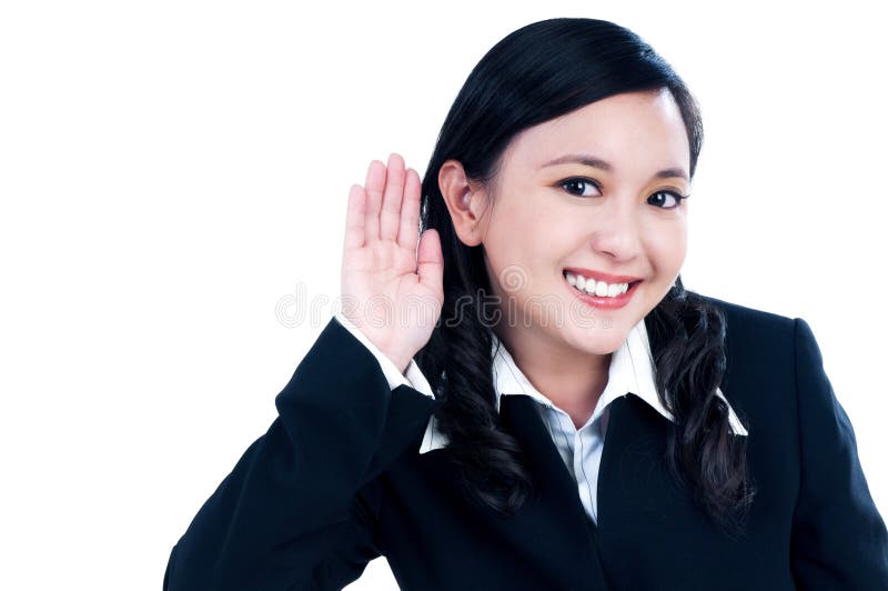 Happy Businesswoman with Her Hand Over an Ear Stock Photo - Image of ...