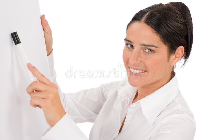 Happy Businesswoman Pointing at Empty Flip Chart Stock Image - Image of ... Happy Businesswoman Pointing at Empty Flip Chart Stock Image - Image of ...