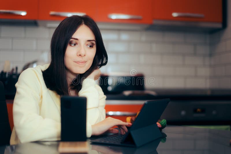 Happy Busy Multitasking Woman Working on Multiple Devices from Home ...