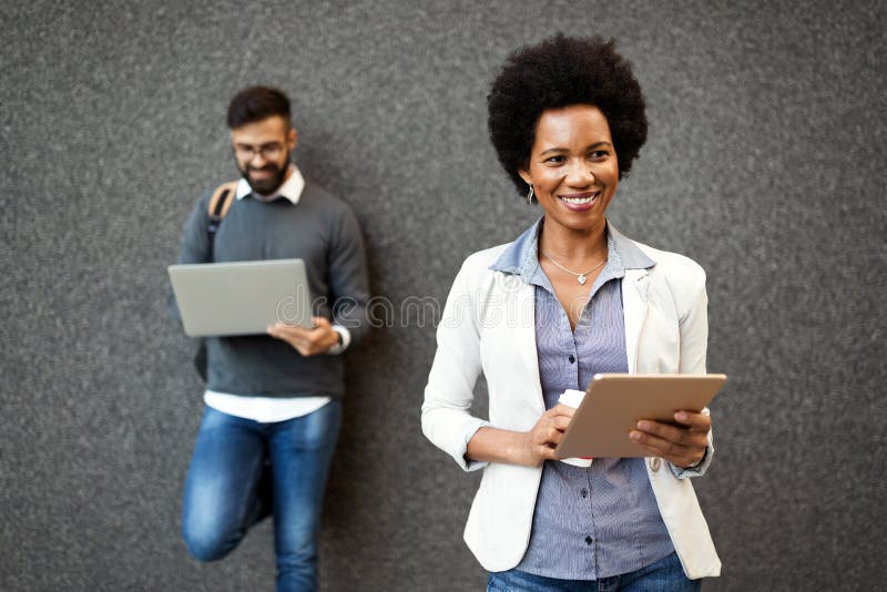 Happy Busy People Using Technology Devices Outdoor in City Stock Image ...