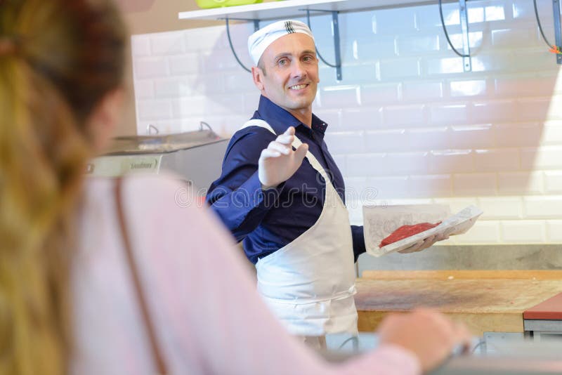 Happy Butcher and Prime Cut Stock Photo - Image of amount, product ...