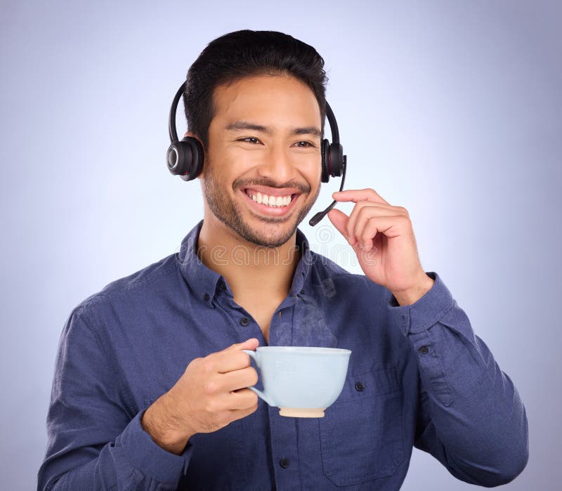 Happy Man, Call Center and Headphones for Consulting on Mockup Space ...