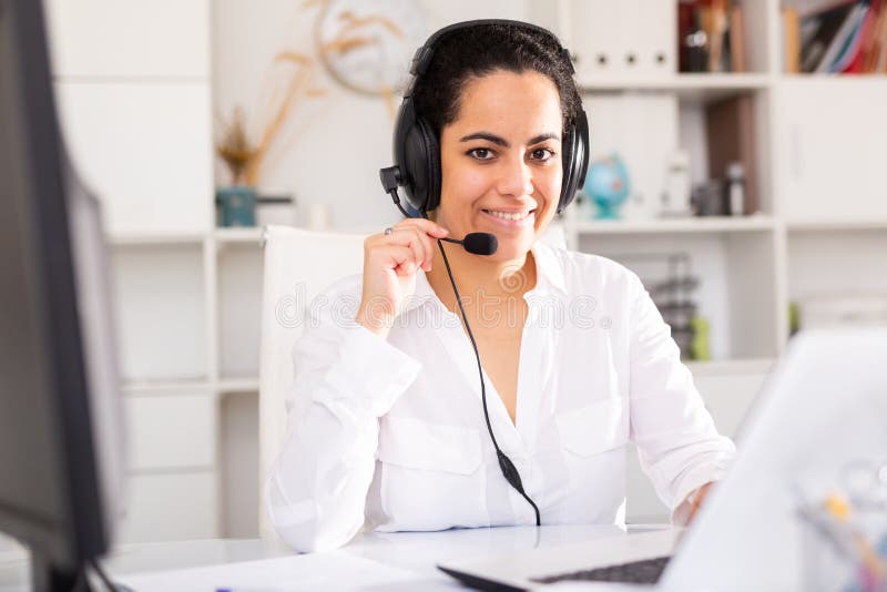 Happy Call Center Operator Talking with Client at Office Stock Image ...