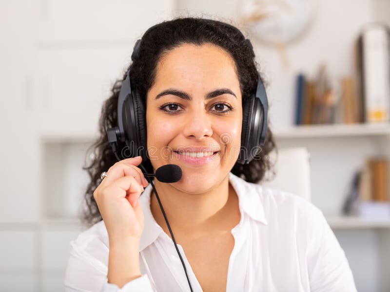 Happy Call Center Operator Talking with Client at Office Stock Photo ...