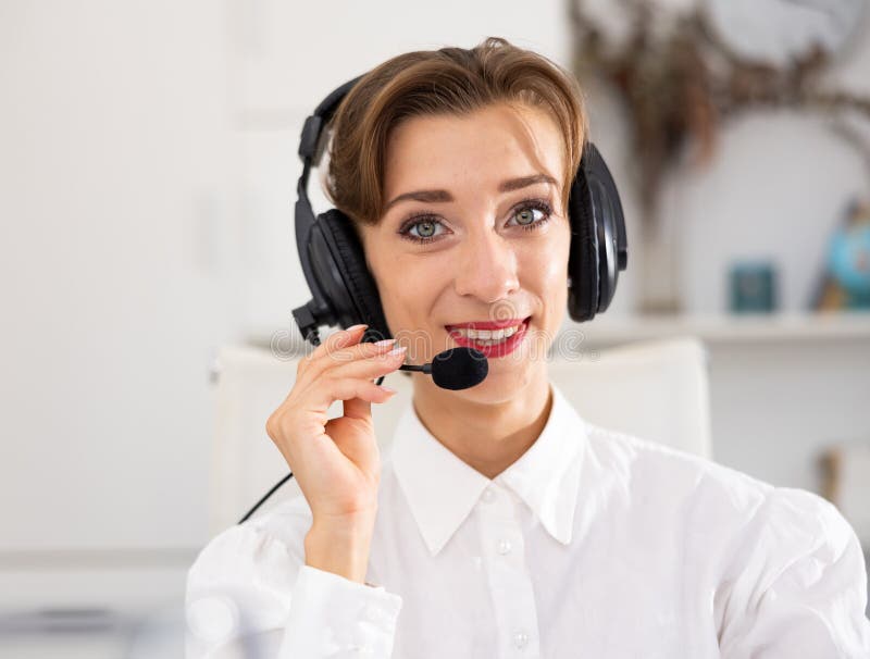 Call Center Operator Talking with Client and Smiling Stock Image ...