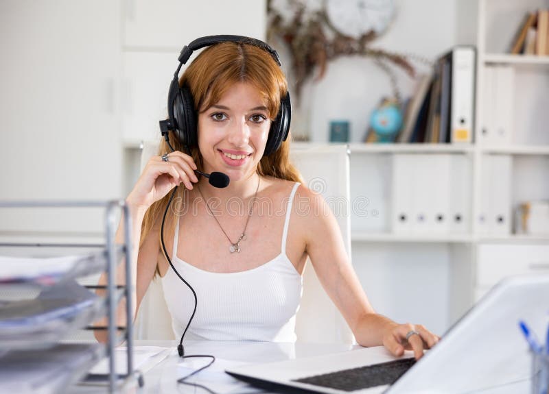 Call Center Operator Talking with Client and Smiling Stock Image ...