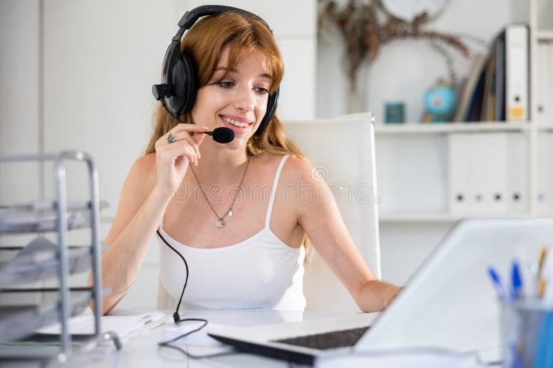 Call Center Operator Talking with Client and Smiling Stock Image ...