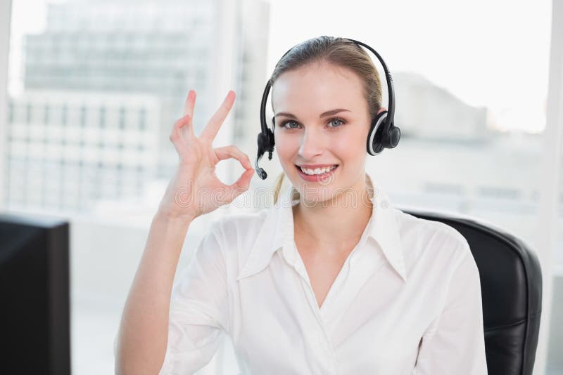 Happy Call Centre Agent Looking at Camera Giving Ok Sign Stock Image ...