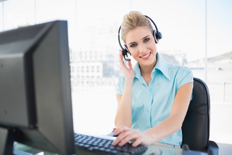 Happy Call Centre Agent Working on Computer Stock Image - Image of ...