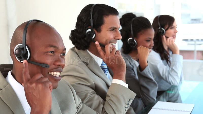 Happy Call Center Operator Talking with Client and Smiling Stock ...