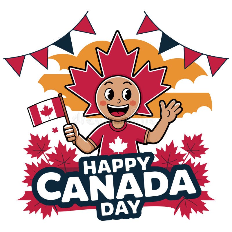 Happy Canada Day Cartoon Character with Maple Leaf Flag and Festive ...