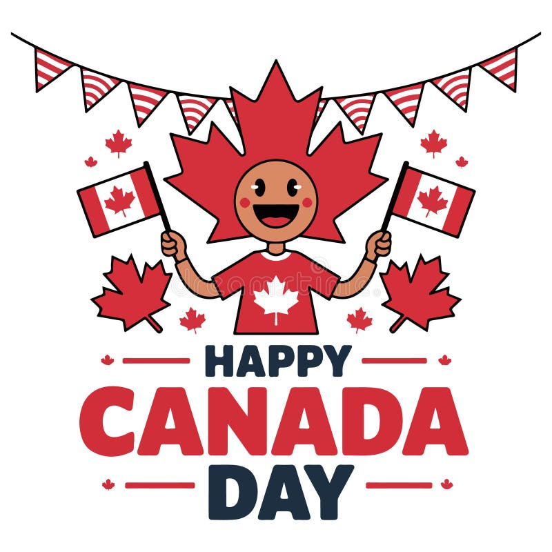 Happy Canada Day Cartoon Character with Maple Leaf Flag and Festive ...