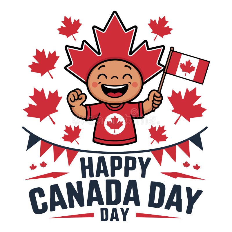 Happy Canada Day Cartoon Character with Maple Leaf Flag and Festive ...