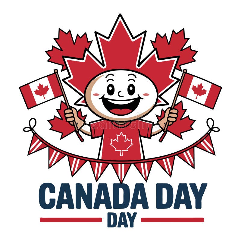 Happy Canada Day Cartoon Character with Maple Leaf Flag and Festive ...