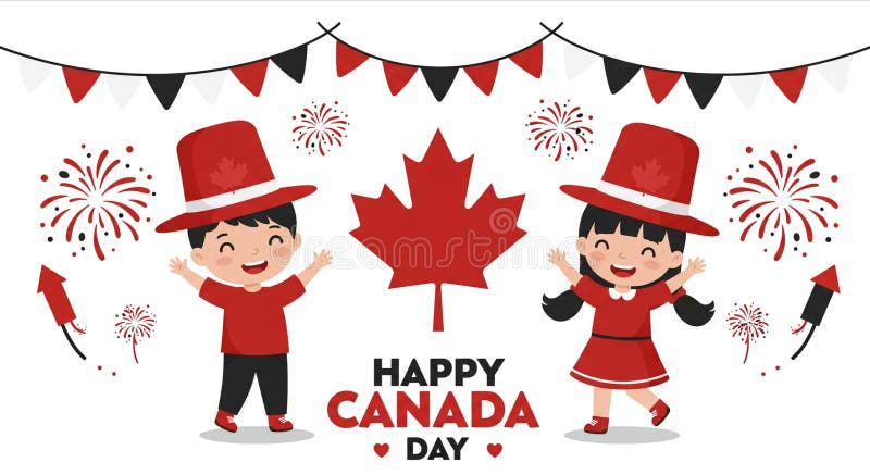 Happy Canada Day Cartoon Kids Celebrating with Fireworks and Maple Leaf ...