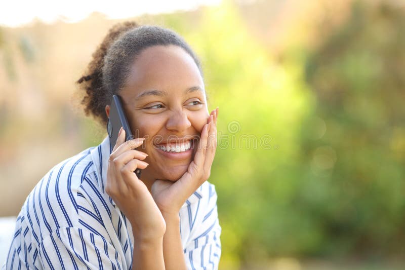 Happy Candid Black Woman Calling on Phone Stock Photo - Image of bliss ...