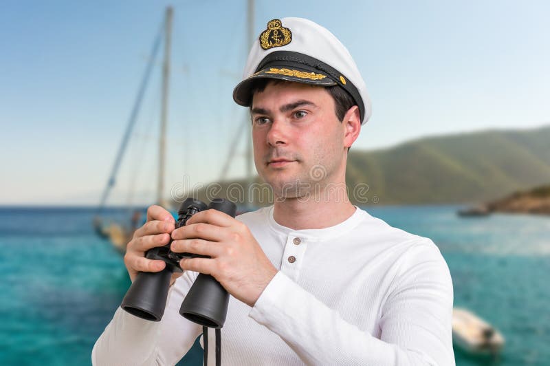 Happy Captain Holding Binoculars Stock Photo - Image of looking, happy ...