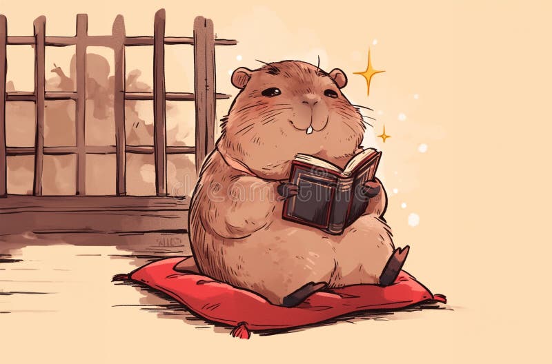 Happy Capybara Reading Books, Hand Drawn Illustration Stock ...