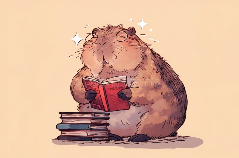 Happy Capybara Reading Books, Hand Drawn Illustration Stock ...