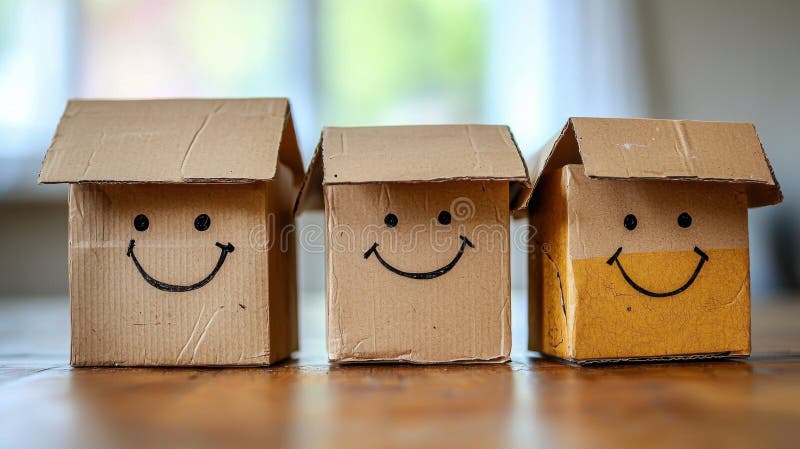 Happy Cardboard Boxes with Smiles on Faces in Bright Indoor Setting ...