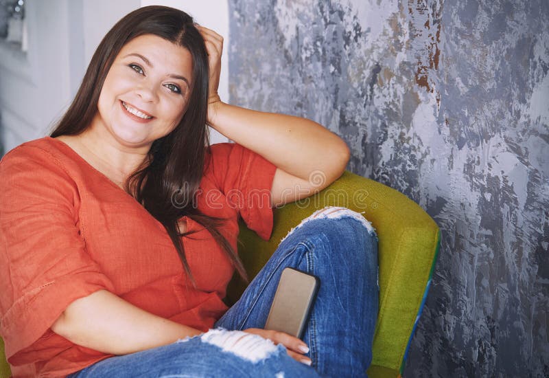 Happy and Carefree Plus Size Model Smiling Stock Photo - Image of life ...