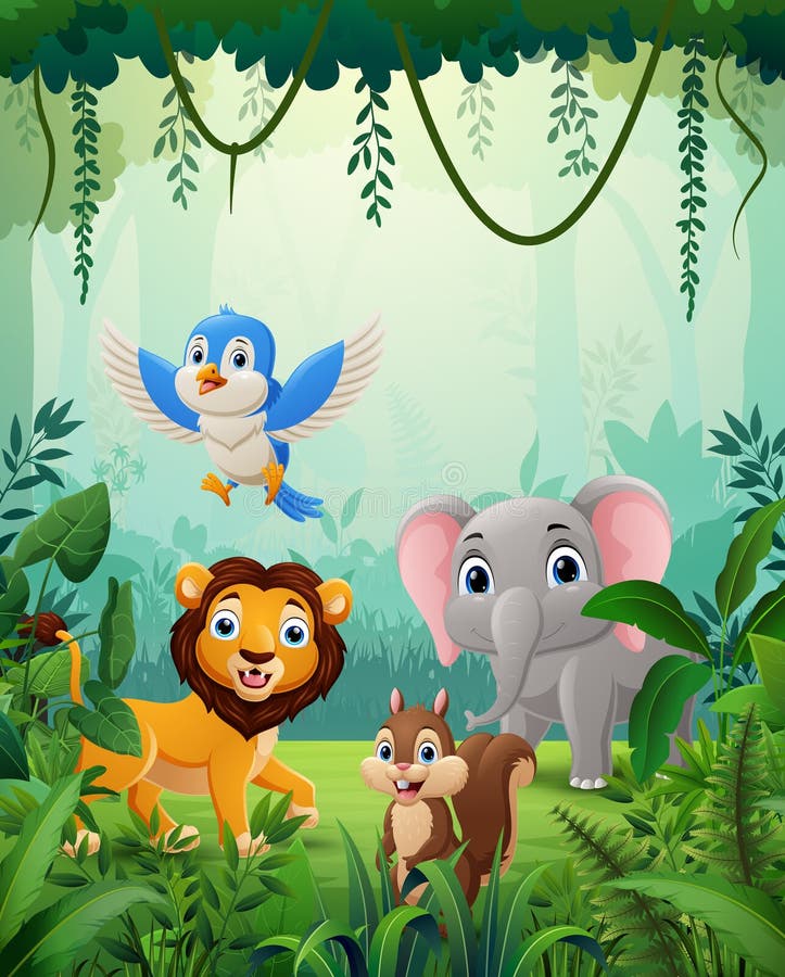 Happy Cartoon Animals in a Green Forest Stock Illustration ...