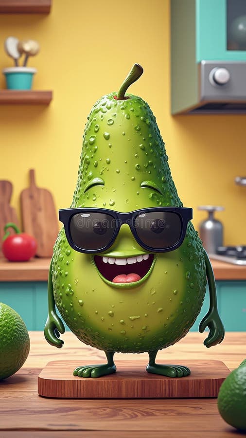 Happy Cartoon Avocado with Sunglasses in a Colorful Kitchen Setting ...