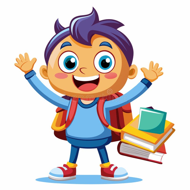 Happy Cartoon Boy with Backpack and Books, Waving Hand Stock Vector ...
