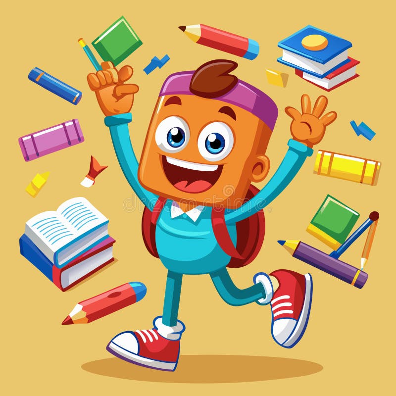 Happy Cartoon Boy with Backpack Running with School Supplie Stock ...