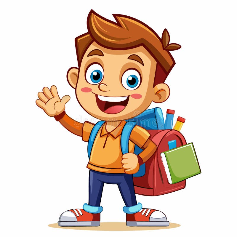A Happy Cartoon Boy Wearing a Backpack and Waving Hell Stock Vector ...