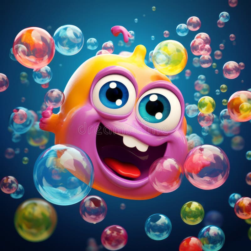 Happy Cartoon Bubble Figure. Falling Colorful Bubbles in the Background Stock Illustration ...