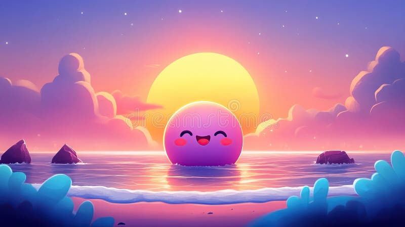 Happy Cartoon Character Floats on Calm Ocean at Sunset Stock Image ...